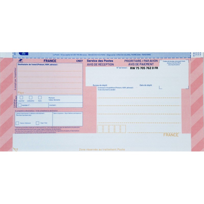 Recommandés Internationaux A4 avec AR avec code-barres